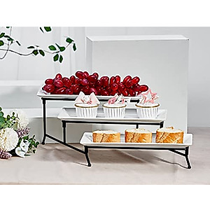 ONEMORE 3 Tier Serving Tray, Tiered Tray Stand for Party Entertaining Collapsible Sturdier Rack with 12" White Rectangular Ceramic Serving Platters for Fruit Cupcake Food Dessert Table Display Set
