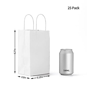 Lyeasw 25 Pack White Paper Bags with Handles,5.1X3.5X8 .2 inch Small Gift Bags Bulk, Kraft Party favor Grocery Shopping Bags