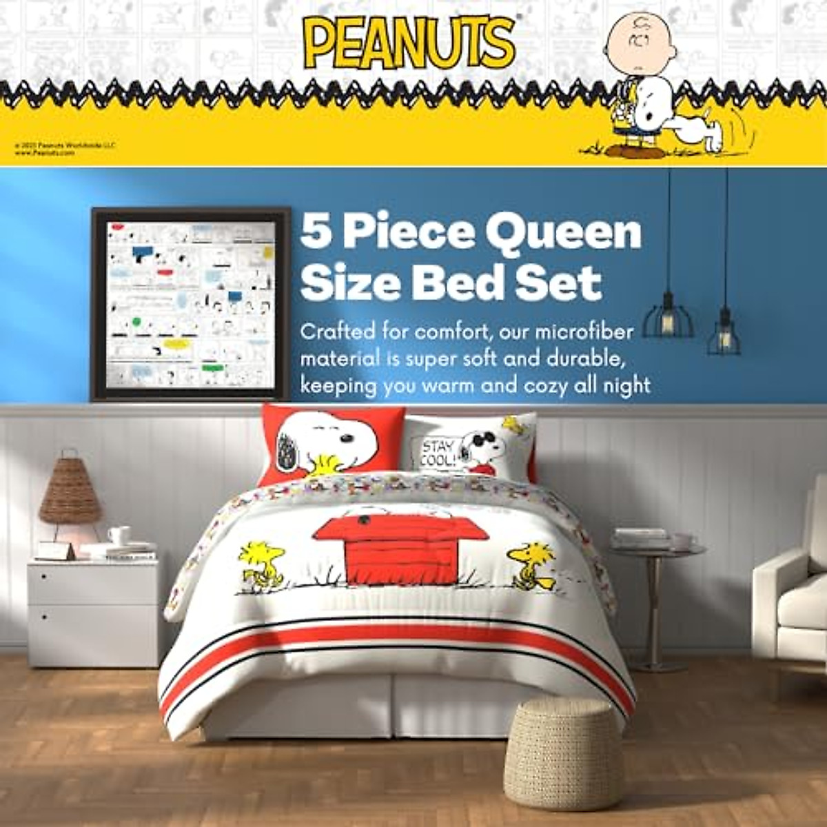 Franco Peanuts & Snoopy Classic Pals Super Soft Comforter and Sheet Set, 5 Piece Queen Size, (Official Licensed Product) Collectibles
