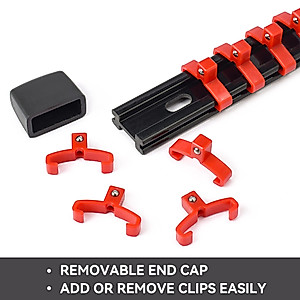 ALOANES 9PC ABS Socket Organizer, 1/2 inch, 3/8 inch and 1/4 inch Drive Socket Rail Holders, Heavy Duty Socket Racks, Black Rails with Red Blue Black Clips