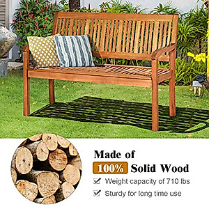 Tangkula Outdoor Wood Bench, Two Person Solid Wood Garden Bench w/Curved Backrest and Wide Armrest, Large Bench for Patio Porch Poolside Balcony, 50" L x 25" W x 36" H (Natural)