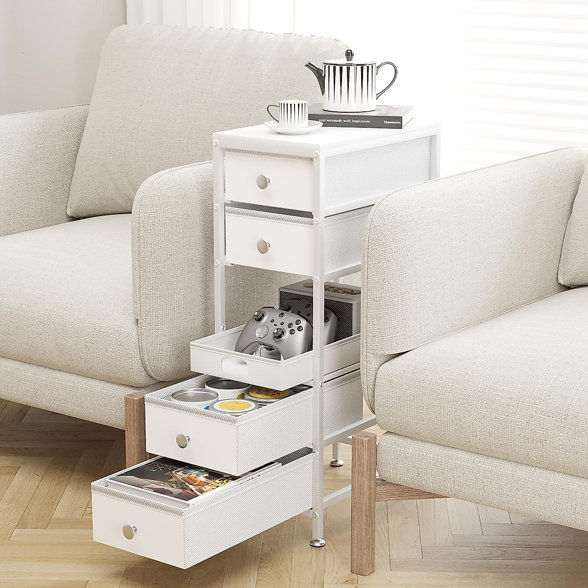 AMBIRD 4-Drawer Dresser,Fabric Dresser Storage with Drawers, Fabric Dresser Tower, Vertical Storage Drawer Units for Bedroom, Hallway, Closet, Office, Move Free with Wheels (White)