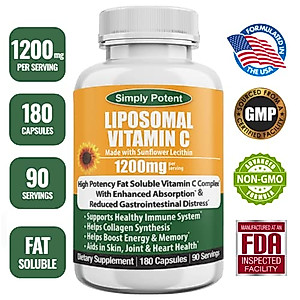 Liposomal Vitamin C 1200mg, 180 Capsules, Ascorbic Acid VIT C, High Dose Enhanced Absorption Fat Soluble Vitamin C, Powerful Antioxidant Supplement for Immune Support, Collagen, Heart & Brain Health