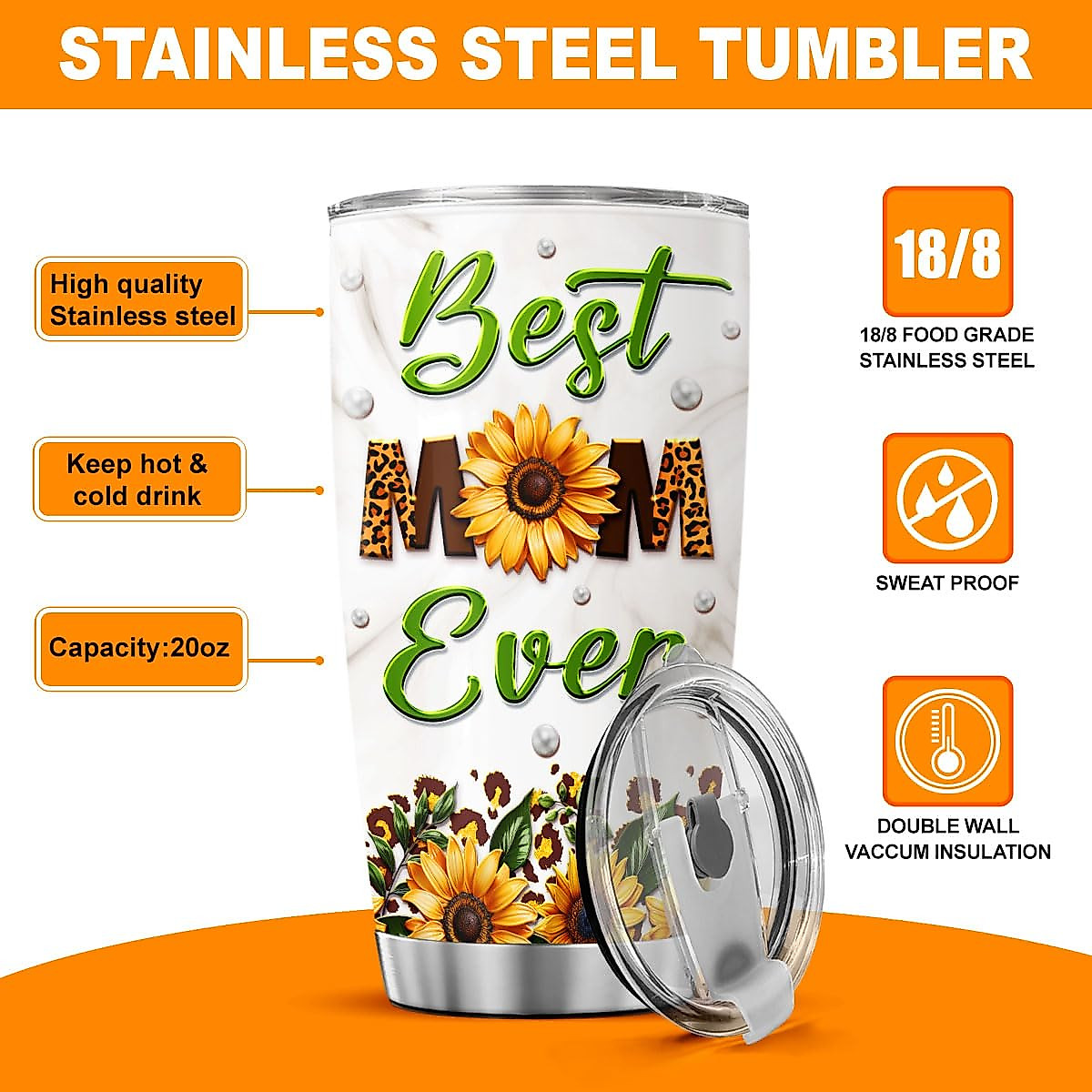 Mothers Sunflower Handle Tumblers Coffee For Funny Women Mother Mama Day Cups Insulated, Best Mom Ever, Tumbler 20 Oz With Lid And Straw, Best Mom Ever Gifts