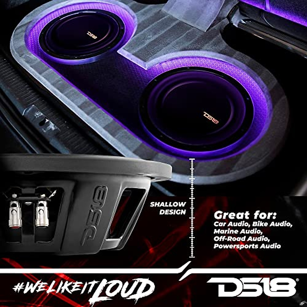 DS18 PSW12.4S 12" Shallow Mount Subwoofer 1200 Watts Max Power 600 Watts RMS Single Voice Coil 4 OHMS Water Resistant - Best Sub for Tight Spaces in Car & Trucks - 1 Speaker