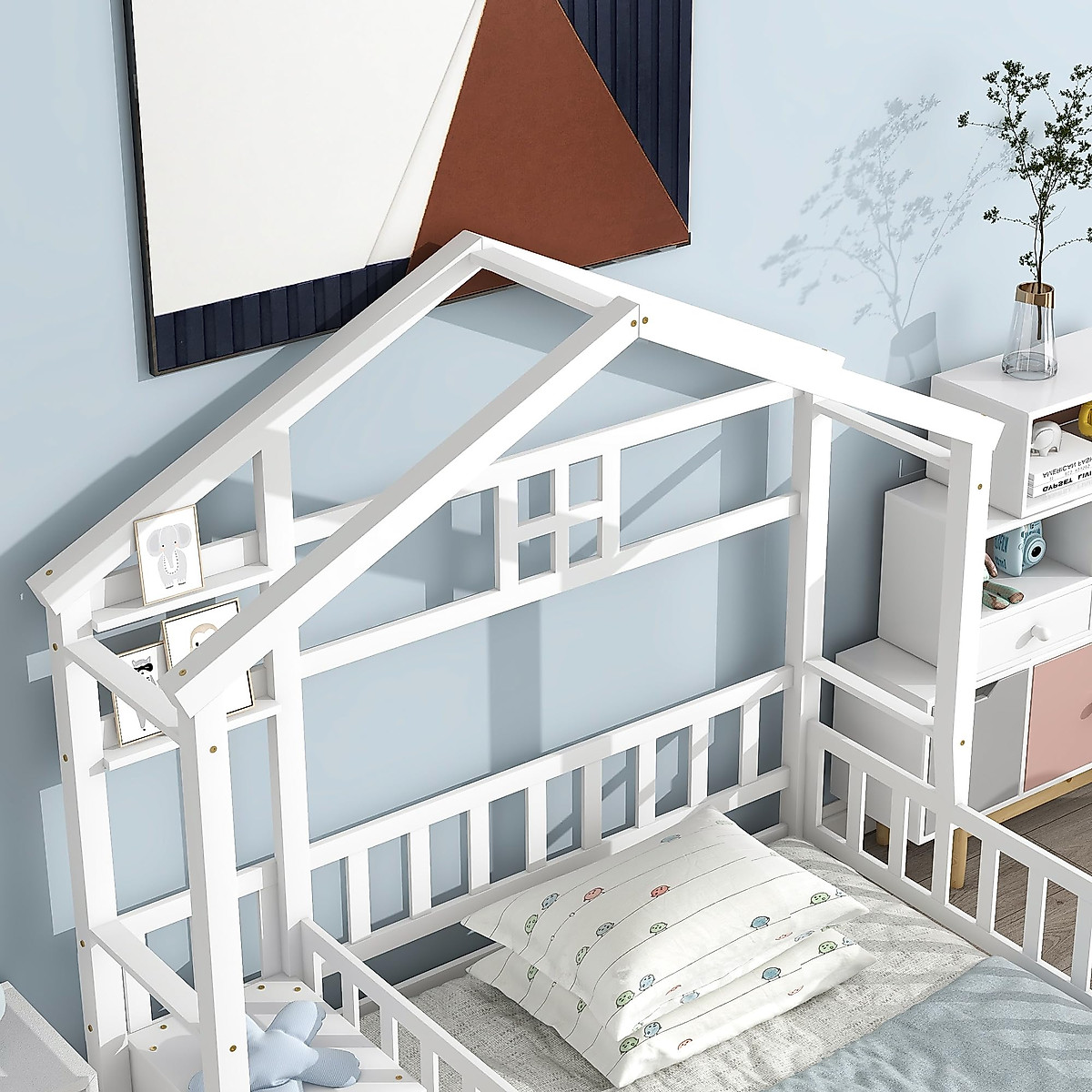 Twin Size Floor Bed with Bedside Stand,Kids Montessori Floor Bed with House-Shaped Headboard,Twin House Bed Frame for Kids,Girls,Boys,White