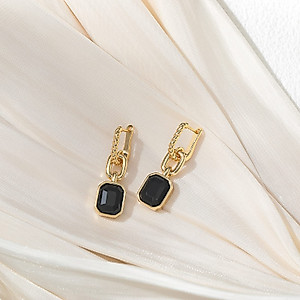 Birthstone Crystal Dangle Drop Earrings, 18K Gold Plated Huggie Hoop Hypoallergenic Earring Jewelry Gifts for Women (Black-Hoop)