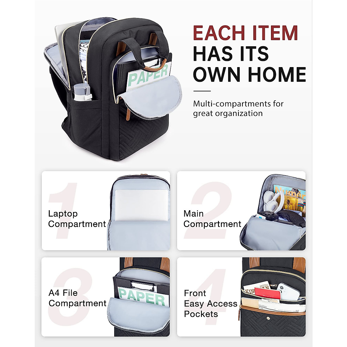 BAGSMART Travel Backpack for Women, 15.6 Inch Laptop Backpack, Teacher Backpack with USB Charging Hole, Casual Daypack College School Bookbags, Large Capacity Computer Backpacks for Business, Black