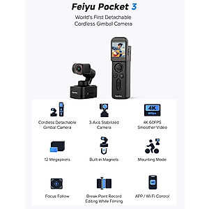 FeiyuTech Pocket 3 kit -Remote Handle&Camera 4K 60FPS Camera with Handheld 3-Axis Stabilizer, Pocket Action Camera, AI Tracking, Detachable Handle, Magnets for YouTube TikTok Video Vlog