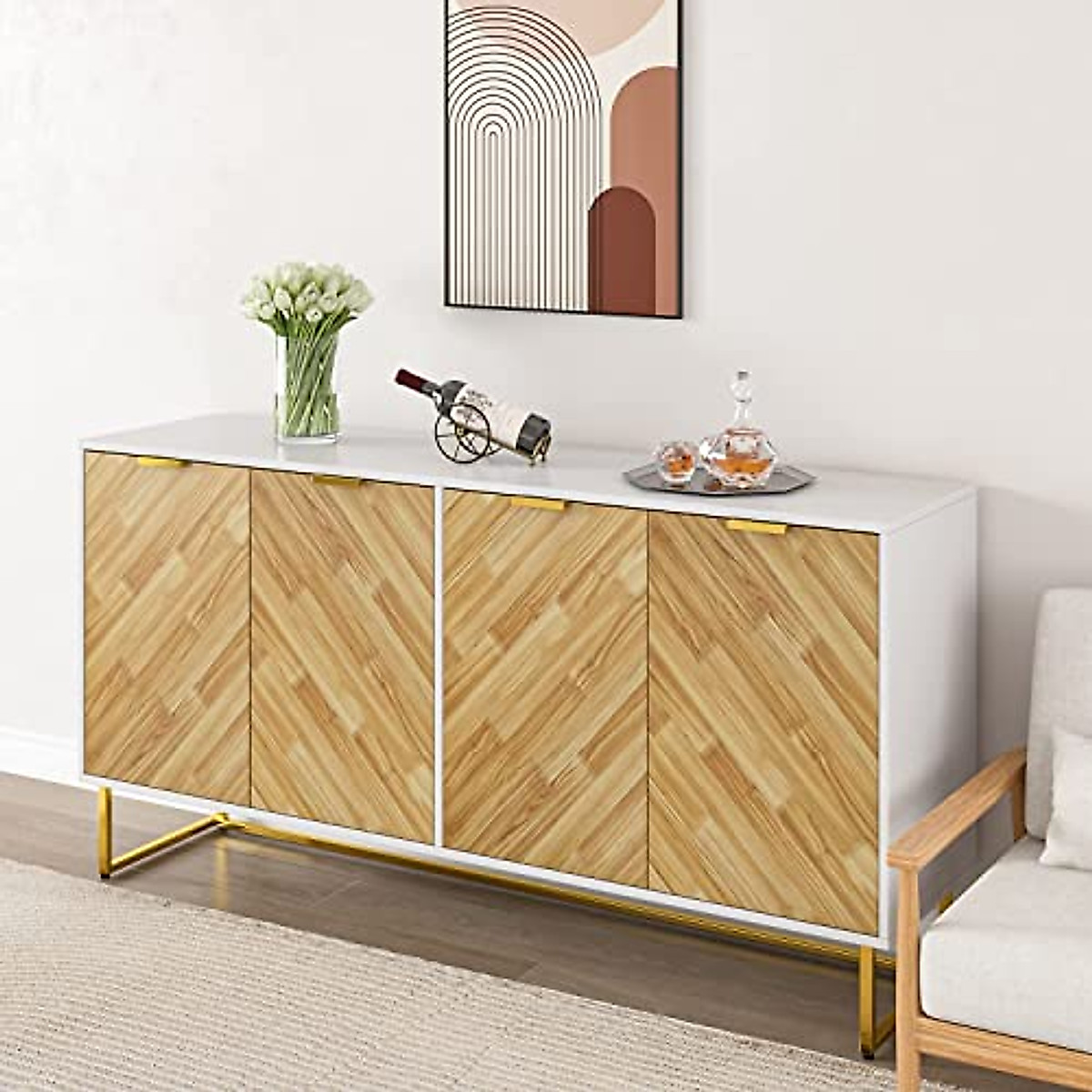 4 EVER WINNER Sideboard Buffet Cabinet, 55" Modern Credenzas Storage Cabinet with 4 Doors, Wood Buffet Storage Cabinet with Adjustable Shelves for Living Room Hallway, White and Gold