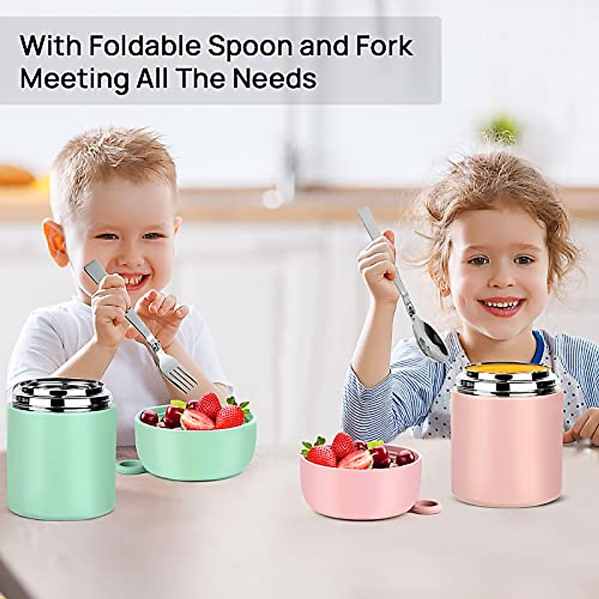 NewFation Thermos For Hot Food - 17 Oz Insulated Food Container With Foldable Fork& Spoon, Leak Proof Soup Thermoses For Adults, Food Thermoses Portable With Handle For Office Outdoors (Gray)