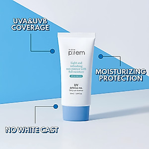 MAKEPREM UVA UVB Defense Me Daily Sun Essence VEGAN Makeup Sunscreen Gel SPF 50+ PA++++ 1.69 Fl Oz Reef-Safe Moisture Sunblock Strong UV Blue Ray Broad Protection Dry Oily Sensitive Acne-Prone Skin