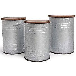 Hallops Farmhouse Accent Side Table | Galvanized Rustic Coffee Table | Metal Storage Ottoman Wood Cover | Farmhouse Decor Storage Box (Set of 3, Silver)