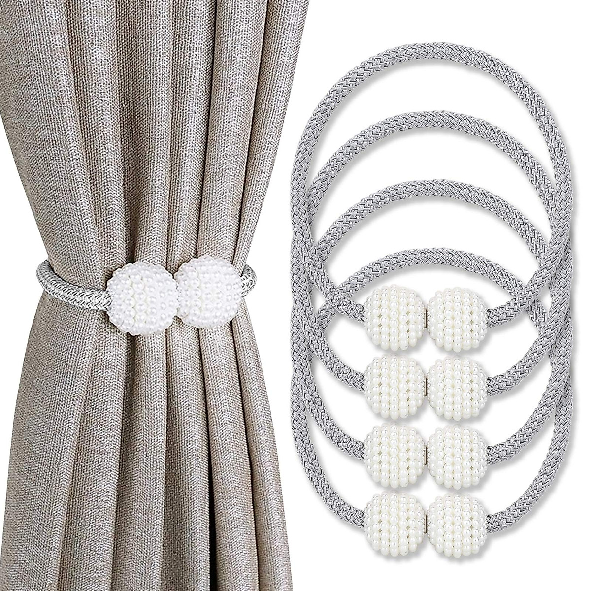 Pinowu Magnetic Curtain Tiebacks Convenient Drape Tie Backs (4pcs), Pearl Decorative Holdback Rope Holder for Small, Thin or Sheer Window Draperies (Gray)