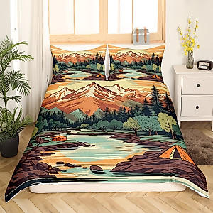 Mountain River Duvet Cover Set Queen Size,Retro Adventure Theme Comforter Cover 3Pcs,Nature Scenery Tent Bedding Set Kids Boys Girls Room Decor,Camping Bedspreads Cover,2 Pillowcases(NO Comforter)