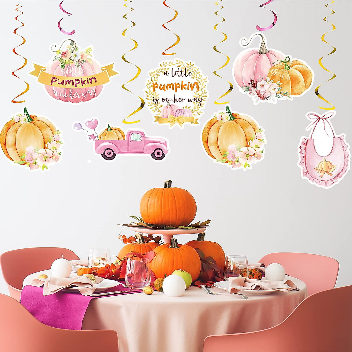 60 Pcs Little Pumpkin Hanging Swirls Autumn Thanksgiving Baby Shower Party Decoration a Little Pumpkin Is on Her Way Hanging Decor Pink Floral Pumpkin Ceiling Swirl for Fall Baby Shower Girl Birthday
