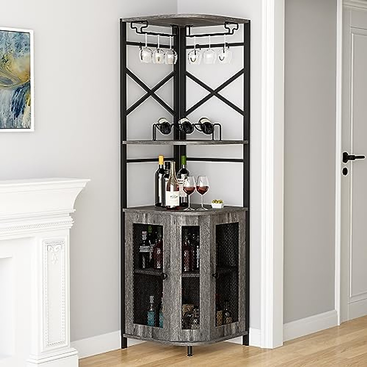 Osfvolr Bar Cabinet w/Wine Rack and Glass Holder, Corner Cabinet with Mesh Door, Corner Bar Cabinet with Adjustable Shelf, Liquor Cabinet Bar for Home, Black Oak, A2