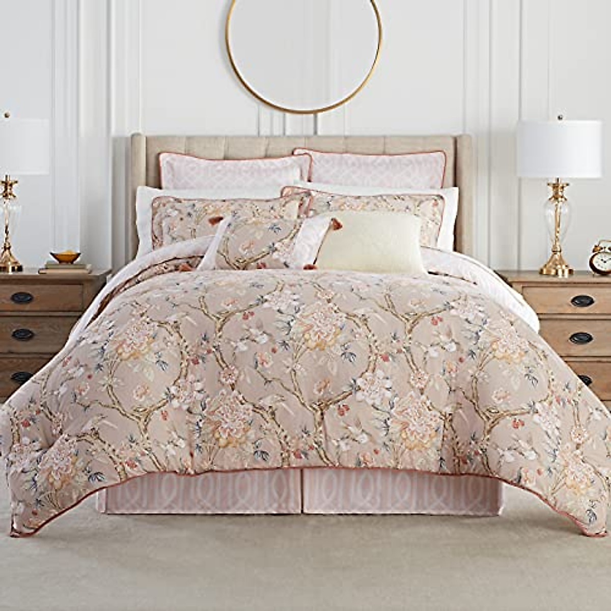 Waverly Peony Gardens 4 Piece Cotton Comforter Set, Embellished All Season Bedding, includes One Comforter, One Bed Skirt and Two Pillow Shams, Machine Washable Queen Bed Set, Taupe