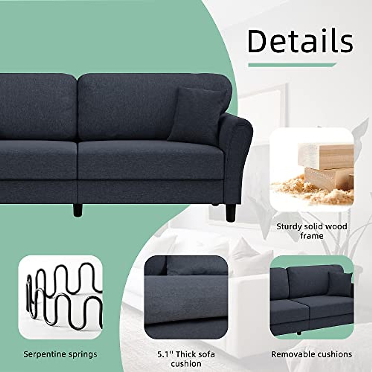 Vongrasig 87.4" Loveseat Sofa, Mid Century Modern Linen Fabric 3-Seater Love Seat Couch with Curved Armrest for Living Room, Bedroom, Apartment and Small Space (Dark Grey)