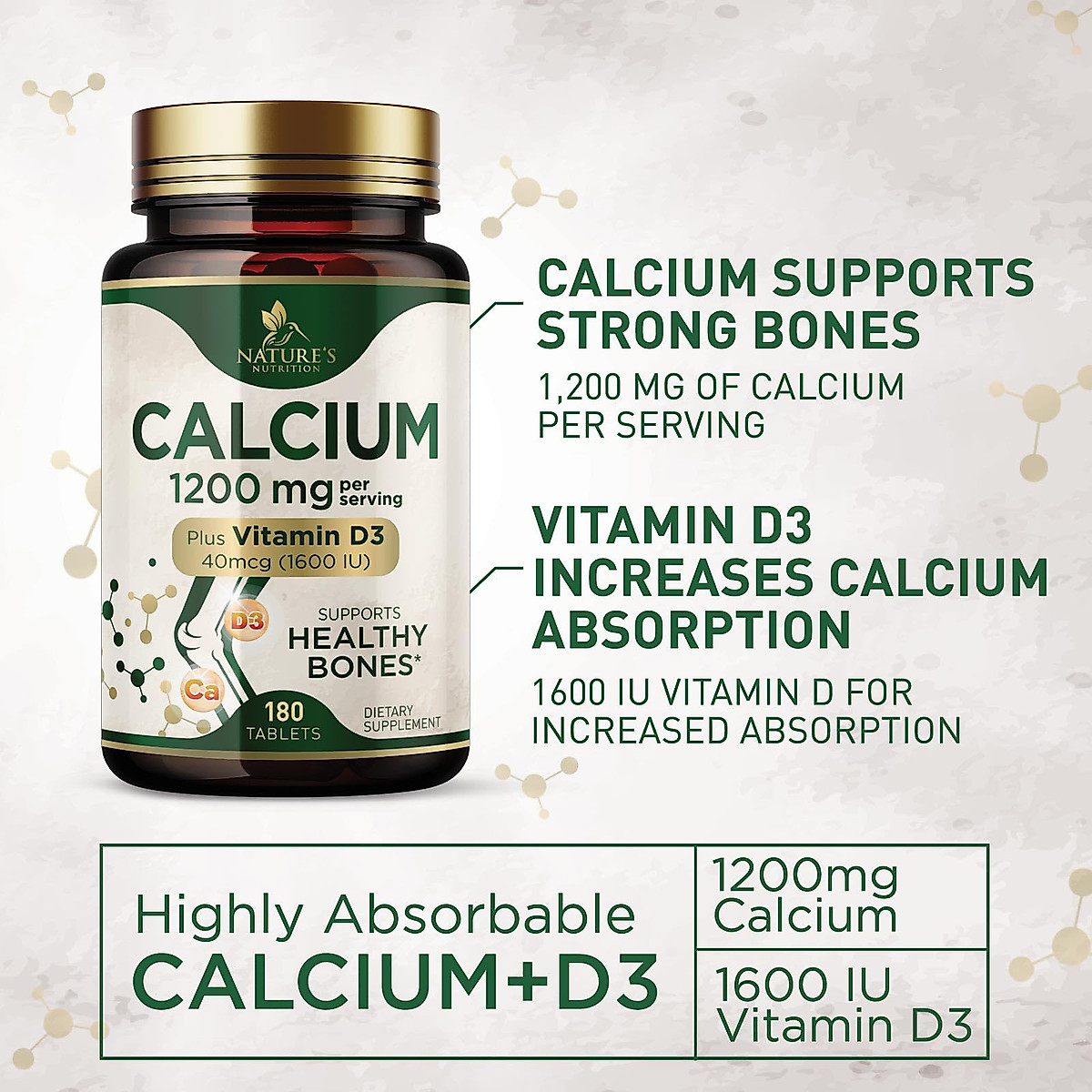 Calcium 1200 mg with Vitamin D3, Calcium Supplement Vitamins, Supports Bone Strength, Teeth & Immune System, Calcium Supplements for Women & Men, Nature's Absorbable Calcium Carbonate - 180 Tablets