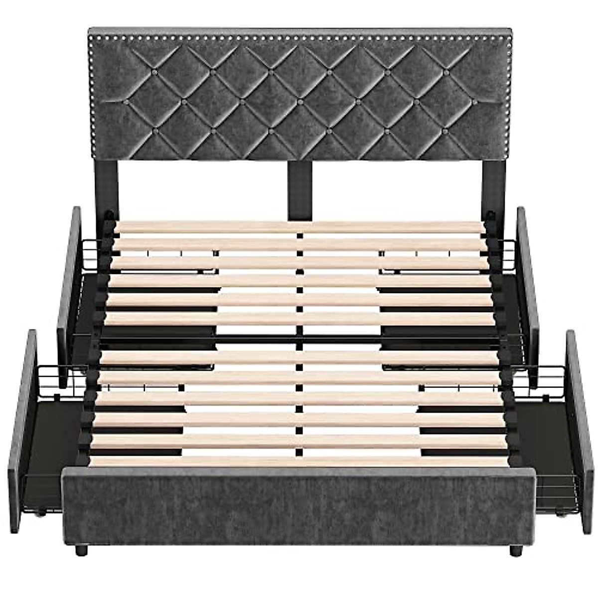 LIKIMIO Queen Bed Frame with 4 Storage Drawers, Velvet Upholstered Headboard with Button Tufted & Rivets, Easy Assembly, No Box Spring Needed (Grey, Queen)