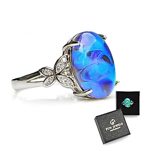 FUN JEWELS Opalescent Swirl Color Changing Oval Crystal Stone Brass Mood Ring Size Adjustable For Women