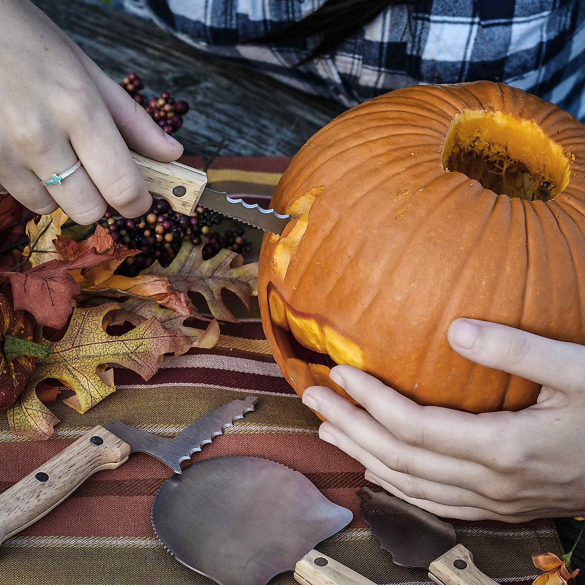 Creative Carving NEW 4 Piece Pumpkin Carving Kit with Woode Case: (Plus Pumpkin Carving Stencil E-Book) Sturd Stainless Steel and Wood Handled Carving Tools | Crafted for Safety and Efficiency