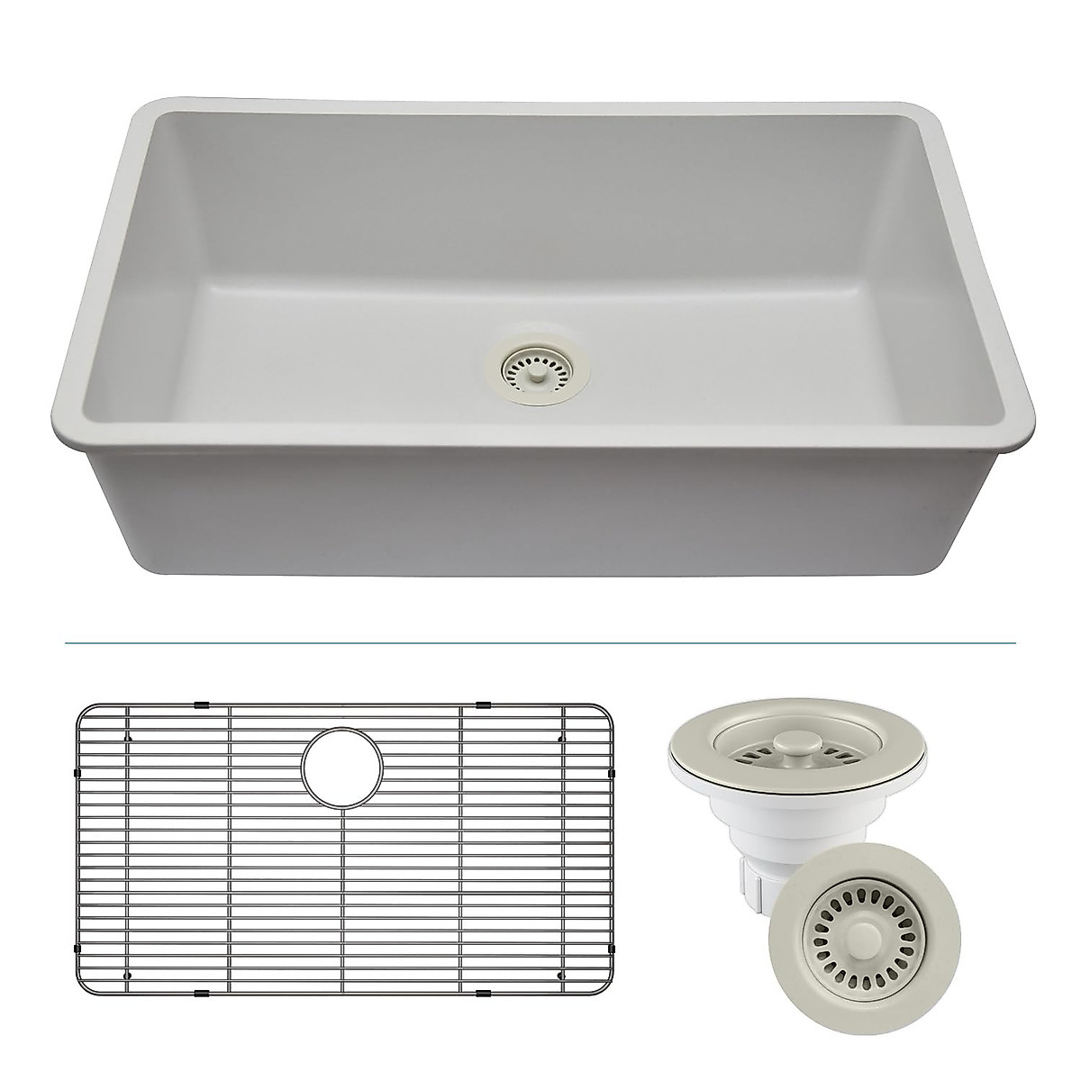 32" x 19" Quartz Kitchen Sink, Single Bowl Kitchen Sinks, Drop in Kitchen Sink, Granite Composite Kitchen Sink, Undermount Sink, Galaxy White Kitchen Sink, Includes Grid, Strainer, Flange LP-1000-W