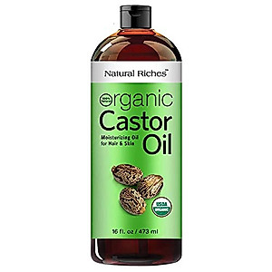 Natural Riches Organic Castor Oil Cold pressed USDA certified for Dry Skin Hair Loss Dandruff Thicker Hair - Moisturizes Skin Helps Hair growth Thicker Eyelashes Eyebrows Hexane free16 fl. oz.