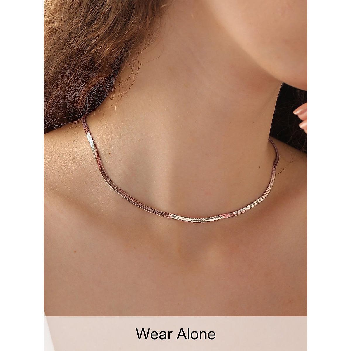 FOCALOOK Rose Gold Plated Flat Snake Chain Necklace Herringbone Necklace Pink Choker Necklaces for Women 3MM(W) 12.5+3.5"(L)