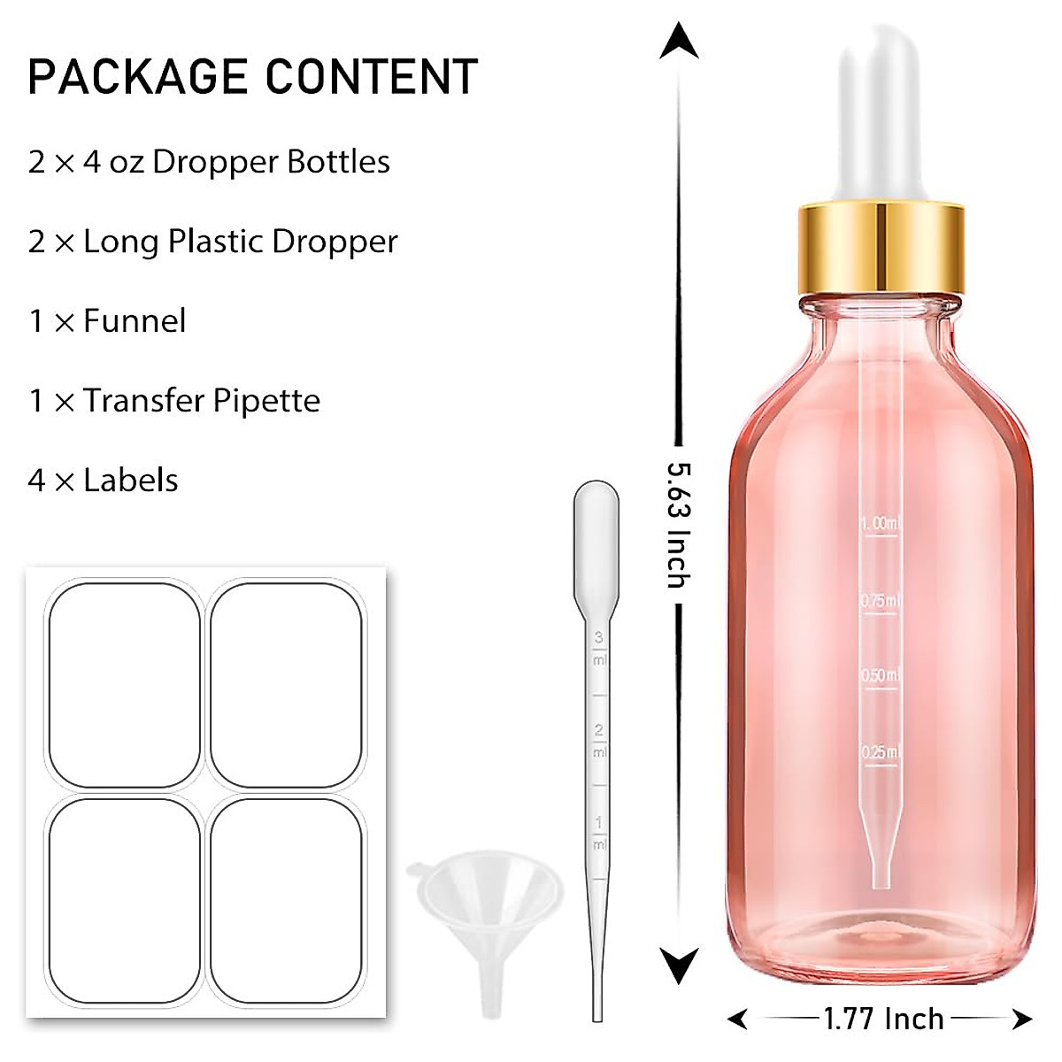Bumobum Glass Bottle with Dropper, 4 oz Pink Tincture Bottle for Essential Oils with Labels and Funnels, 2 Pack Eye Dropper Bottles with Golden Top (Unbreakable Plastic Eye Dropper with Measurements)