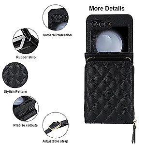 KIHUWEY for Samsung Galaxy Z Flip 5 Wallet Case, Crossbody Zipper Purse with Credit Card Slot Holder RFID Blocking PU Leather Adjustable Lanyard Detachable Strap Wrist for Women (Black)
