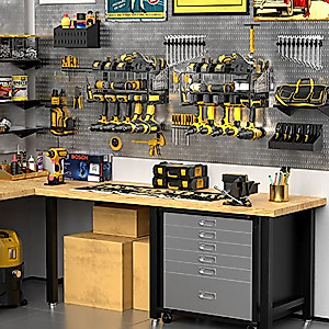 Power Tool Organizer Wall Mount, 5 Slot Cordless Drill Holder Battery Charging Station Storage Rack, Multi-function Garage Pegboard Tool Organizer for Tidying Up Parts Bin, Wrench, Pliers, Screwdrivers, Bit