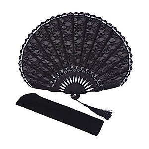 Womens Multi Color Handmade Cotton Lace Folding Hand Fan (Black-A) (Black-a)