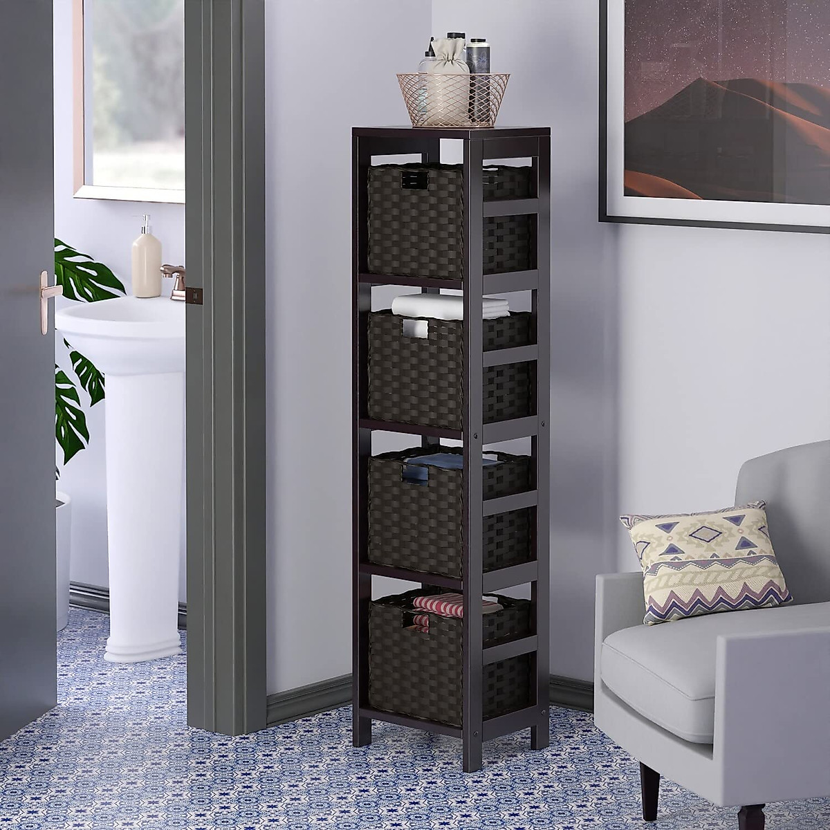 Winsome Wood Leo 5-Pc Storage Shelf with 4 Foldable Woven Baskets - Espresso and Chocolate