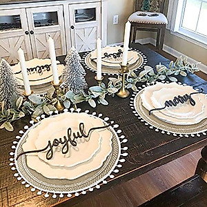 Collive Boho Round Placemat 15 Inch - Farmhouse Woven Jute Fringe Table Mats Set of 4 with Pompom Tassel Place Mat for Dining Room Kitchen Table Decor, White Tribal Folk