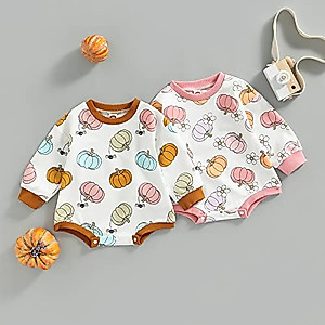 Thanksgiving Outfit Newborn Infant Baby Girl Pumpkin Sweatshirt Onesie Long Sleeve Bubble Romper Fall Winter Clothes (Pumpkin Pink, 0-3 Months)