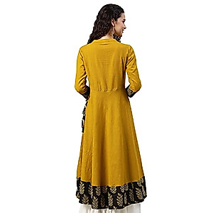 Yash Gallery Women's Cotton Slub Sequin Work Angrakha Kurtis (Mustard Yellow)