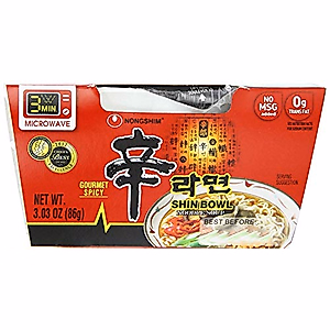 Nongshim Gourmet Spicy Shin Noodle Soup Bowl, 12 Pack, Microwaveable Ramyun Soup Noodles, No MSG Added