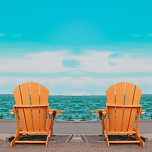 Jovilife Orange Folding Adirondack Chair HDPE Outdoor Patio Chair Beverage Holder Easy Compact Storage Garden Resin Outside Furniture All Weather Resistant Chair Backyard (Orange)