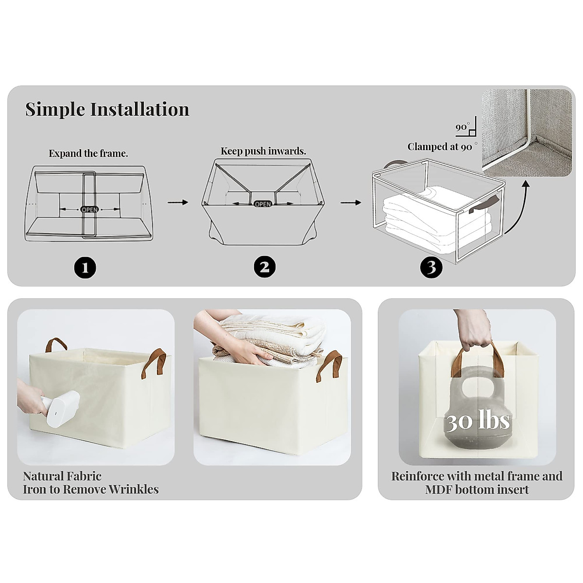StorageWorks Storage Bins For Shelves With Metal Frame and Fabric Storage Box with PU Handles