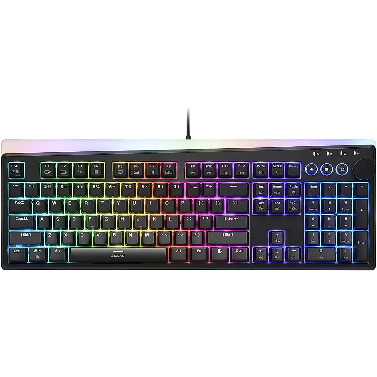 i-rocks K71M RGB Mechanical Gaming Keyboard with Media Control Knob, Gateron Switches (Brown), 107 Keys w/Full NKRO, PBT Keycaps, Multimedia Hotkeys, Detachable USB-C Cable and Onboard Storage, Black