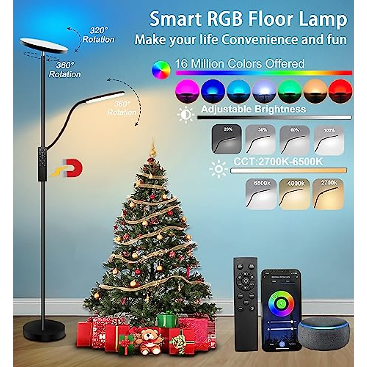 RGB LED Corner Floor Lamp, Tall Sky Torchiere Lamps, Mood Lighting with Smart APP & Remote, Color Changing Standing Floor Light, Bright Reading Lamp for Living Room Bedroom Office Gaming Party