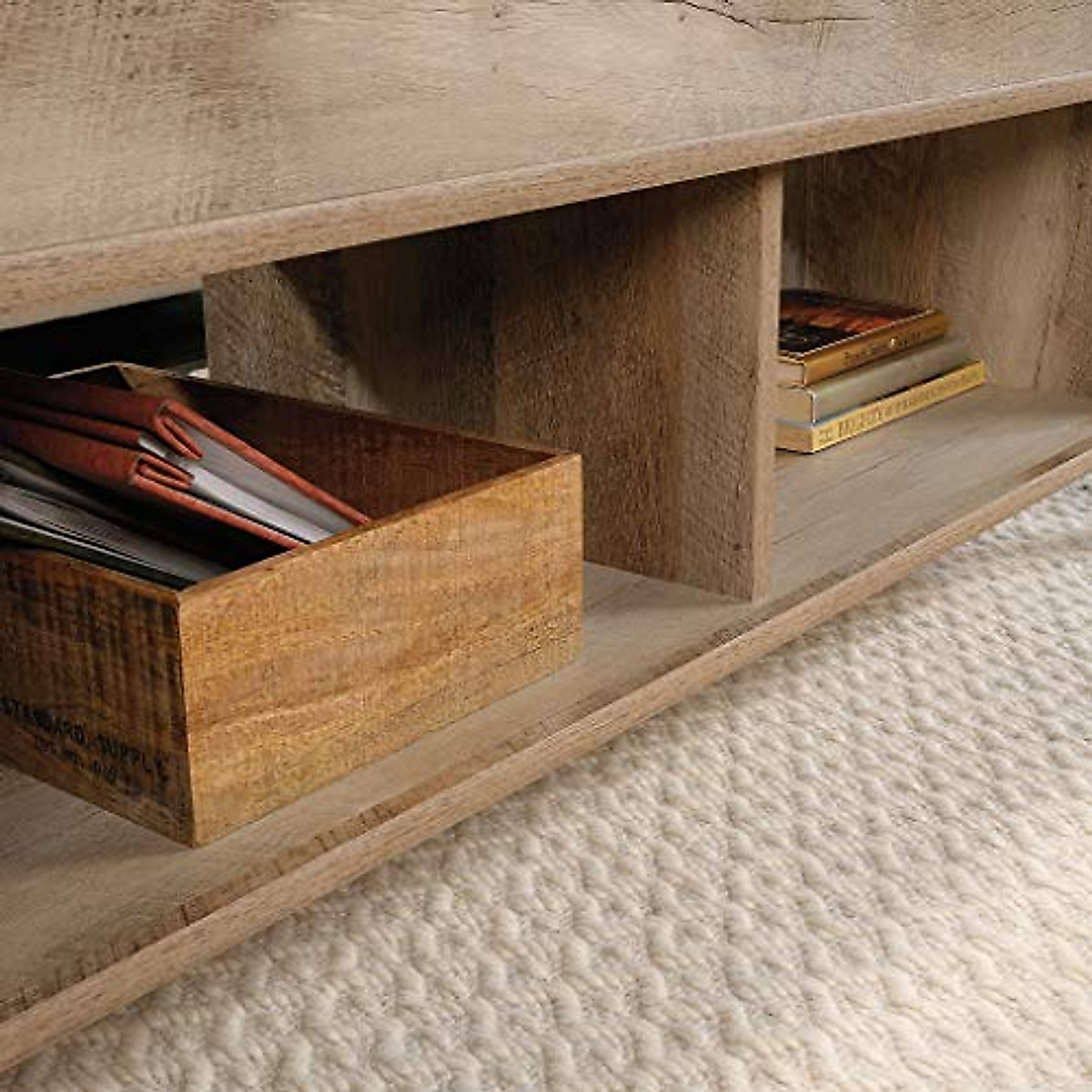 Sauder Carson Forge Rustic Lift Top Coffee Storage Industrial Living Room Table, L: 43.15" x W: 19.45" x H: 18.98", Lintel Oak Finish