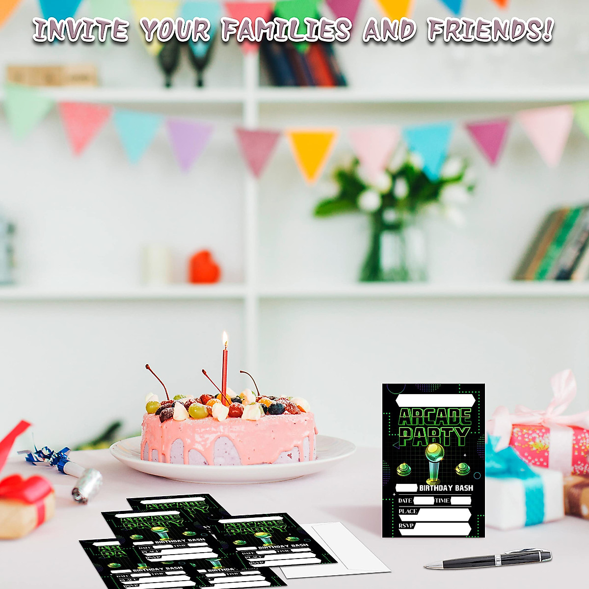 YQV Arcade Birthday Party Invitations, 20-Count Arcade Video Game Birthday Party Invites With Envelopes-HBYQK-B26