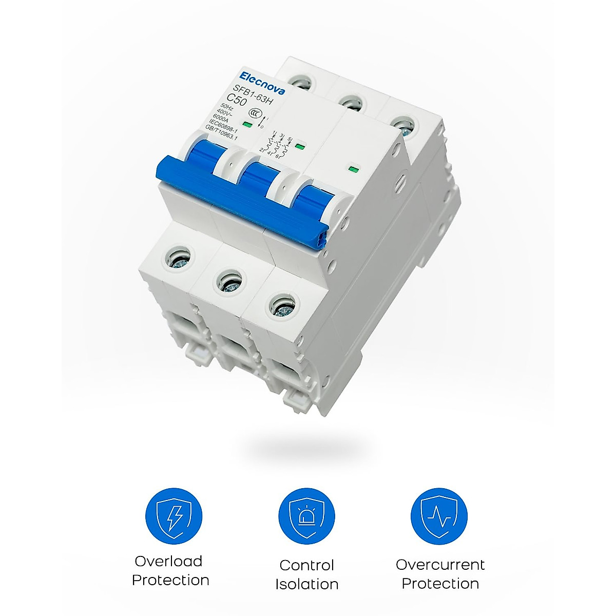 Elecnova 6-63A Miniature Circuit Breaker, AC 3 Pole 400V, DIN Rail Mounted 50 amp Breaker, Thermal Magnetic Trip, 110V / 120V Available, Overload, Short-Circuit Protection