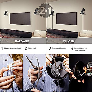 Globe Electric 51725 1-Light Dimmable Plug-in or Hardwire Wall Sconce, Matte Black, Faux Walnut Accent, Stepless Dimming Rotary Switch on Canopy, Black Fabric Cord, Wall Lights for Bedroom Plug in