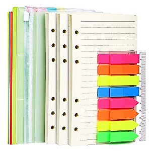 A6 Refill Paper, 3 Pack 45PCS A6 6 Ring Loose Leaf Paper, 2 Pack 160PCS Neon Page Markers, with Binder Pockets & Binder Dividers, LEOBRO A6 Lined Paper Refills for A6 Binder Planner Notebook Journal