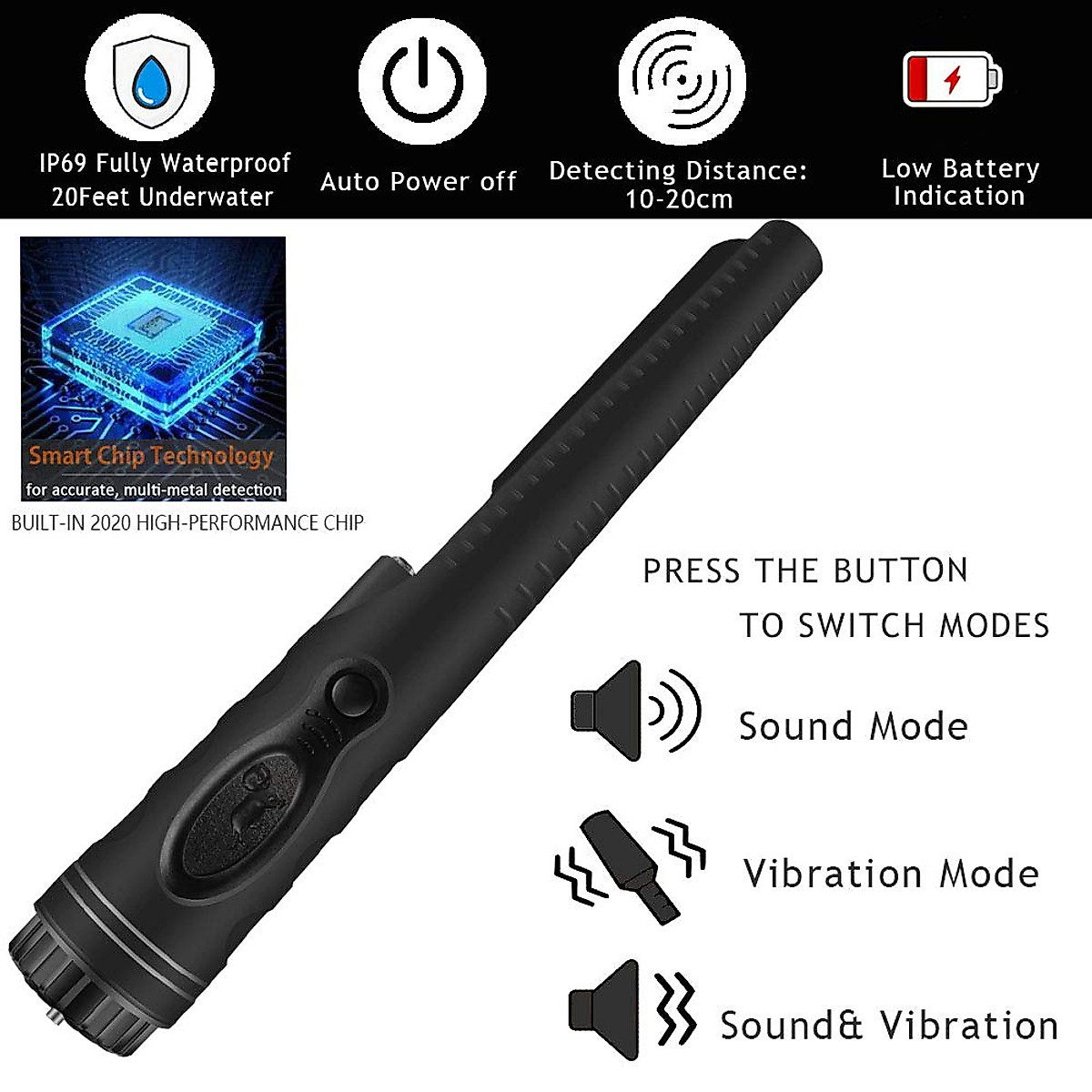 Fully Waterproof Pinpoint Metal Detector Pinpointer 360° Search Pinpointing Finder Probe Treasure Hunting Tool Accessories for Adults and Kids (Three Mode) 2023 Hs08-Black