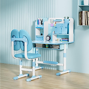 pofluany 2024 Upgraded Wide Kids Table and Chair Set, Height Adjustable Kids Functional Desk and Chair Set for Kids, Desk for Girls, Study Table for Girls Boys, Writing Table for Studying Reading Blue